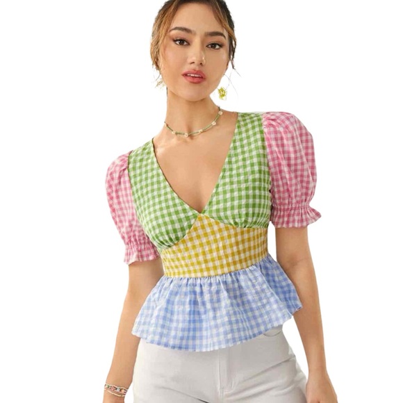 SHEIN | Tops | 325 Shein Gingham Puff Sleeve Peplum Top Nwt | Poshmark